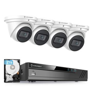 amcrest 4k security camera system w/ 4k 8ch poe nvr, (4) x 4k (8-megapixel) ip67 weatherproof metal turret dome poe ip cameras (3840x2160), pre-installed 2tb hdd, nv4108e-ip8m-t2599ew4-2tb (white)