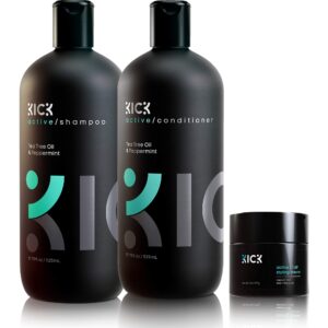 kick men’s shampoo + conditioner + hair styling cream - men’s basics bundle itchy scalp styling for dandruff & thinning hair - high performance anti-dandruff, anti-hair loss system for men