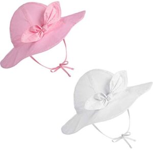 2 pieces baby girls sun hat adjustable sun protection summer beach wide brim hat (white and pink,0-12 months)