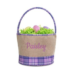 personalized easter bucket bag with custom cursive name | purple plaid burlap easter bag with handle | egg basket for kids | customized easter basket | great for book and toy storage