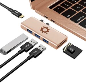 nov8tech usb c hub gold 6in2 slim adapter for macbook air m1 2018-2022, pro m1 2016-2022, mini docking station thunderbolt 3 100w power delivery, usb c data & 3x usb 3.0 ports, micro sd/sd card reader