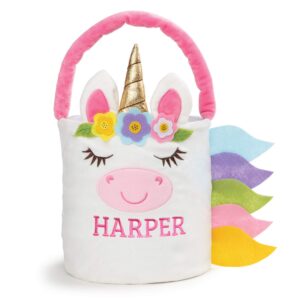 personalized unicorn easter bucket bag with custom name | colorful plush easter bag with handle | soft egg basket for kids | customized easter basket | great for book and toy storage