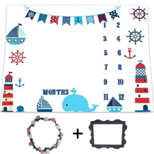 luckbty monthly baby milestone blanket newborn boy girl unisex neutral nautical anchor lighthouse ocean nursery baby month picture blanket baby growth photography background prop 48"x40" btzdlu148