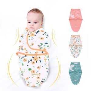 3 pack newborn swaddle blanket adjustable wrap receiving blanket baby 100% cotton sleep bag (0-3 months, flower + green dots + pink)