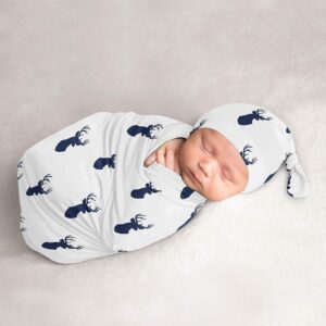 sweet jojo designs woodland deer baby boy cocoon and beanie hat 2pc set jersey stretch knit sleeping bag for infant newborn nursery sleep wrap sack - navy blue and white forest animal stag antler