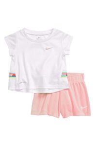 nike girl`s contrast logo taping graphic print t shirt & shorts 2 piece set (pink(26g485-a8f)/white, 3t)