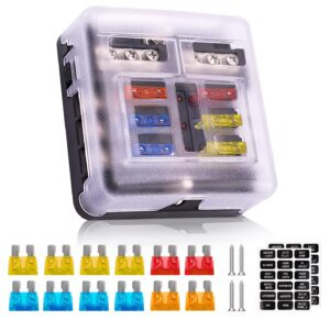 6 way 12v fuse box 12volt blade fuse block, 6 circuit w/negative bus waterproof fuse box with led indicator for 12v/24v automotive golf cart truck car boat marine rv van vehicle