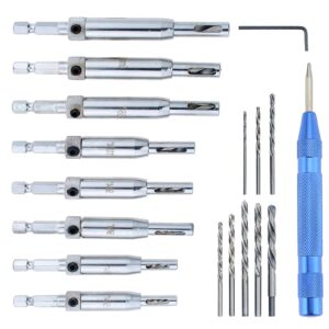 17pcs self centering drill bit set (1/4" hex shank) for woodworking,8pcs self centering drill bit with 1 hex key,1 automatic center punch and 8 replacement drill bits