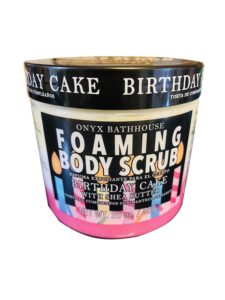 onyx bath house birthday cake foaming bath scrub 20 oz! infused with shea butter! body scrub gently exfoliates and hydrate skin! (birthday cake)