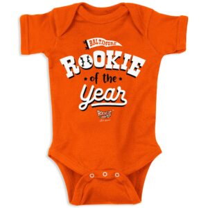 rookie of the year baby apparel for balt baseball fans (nb-7t) (orange onesie, 6 months)