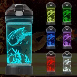 attivolife dragon watter bottle, 3d illusion glowing led light with 7 color changing lights - 14 0z bpa free - creative ideal travel cup dinosaur gift for school boy kid child holiday camping picnic