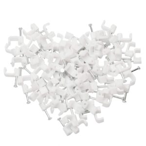 ethernet cable clips white 8mm 200pcs, single coaxial cable clamps with nail for cat5, cat6, cat7 flat wire