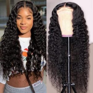 deep wave lace front wigs human hair for black women curly human hair wig wet wavy wear and go glueless wigs pre plucked bleached knots brazilian virgin wig with baby hair natural color 18 inch