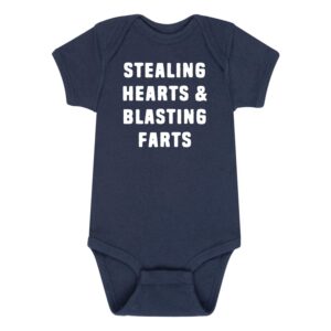 instant message - stealing hearts and blasting farts - infant baby one piece - size 6 months navy