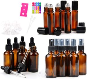 youngever 18 amber glass essential oil bottles bundle, 6 dropper bottles (1 ounce), 6 spray bottles (2 ounce), 6 stainless steel roller bottles for essential oil (10 ml)