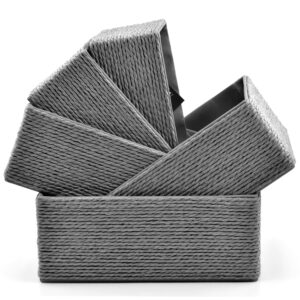 acrola premium 5-pack woven paper rope storage baskets, multi-size, stackable, versatile organziers, decorative bins with durable fabric liner for home, office, nursery, and bathroom, st05002 (grey)