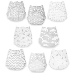 grey clouds cloth diapers (updated quality) – 8 reusable cloth diapers for babies with 8 cloth diaper inserts – extra leg lining for boys