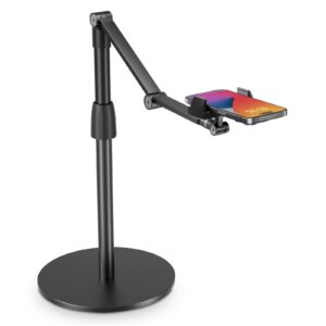 supedesk phone stand overhead recording stand, adjustable cell phone holder, multiangle, 3-part adujustable,horizontal recording stand, compatible with 3.5-11" phone/ipad mini/iphone, black