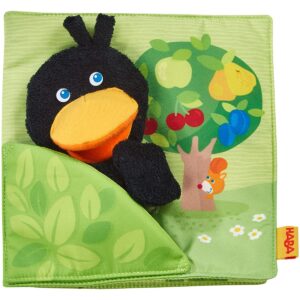 haba fabric book orchard with raven finger puppet and removable fruit