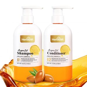 herbishh argan oil shampoo & conditioner, deep cleansing & promotes hair growth, repairs dry, damaged hair, uv protection, with shea butter, jojoba, coconut oil for frizzy colored hair 16.9fl.oz each