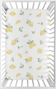 sweet jojo designs lemon floral girl fitted mini crib sheet baby nursery for portable crib pack and play yellow green beige white watercolor boho bohemian farmhouse fruit flower blossom botanical leaf