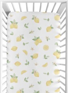 sweet jojo designs lemon floral girl fitted crib sheet baby or toddler bed nursery - yellow green beige white watercolor boho bohemian farmhouse fruit flower blossom botanical leaf