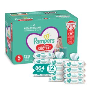 diapers size 5, 128 count and baby wipes - pampers pull on cruisers 360° fit baby diapers with stretchy waistband, one month supply with sensitive wipes, 12x pop-tops, 864 count