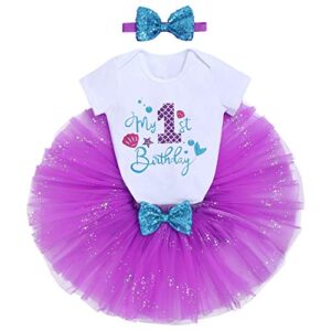 mermaid 1st birthday outfit baby girl my first birthday cake smash photo shoot romper little mini tutu skirt shiny headband one year old summer nautical ocean themed birthday party supplies purple 1t