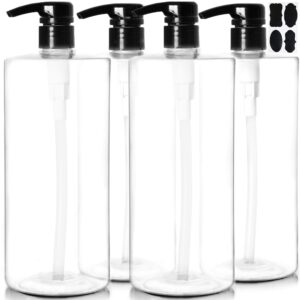 youngever 4 pack pump bottles for shampoo 32 ounce (1 liter), empty shampoo pump bottles, plastic cylinder with lockdown-leak proof-pumps (black pump)