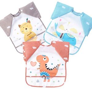 pandaear (3 pack short sleeve lower pocket waterproof bibs|baby infant toddler 12-48 months (multi-color 1)