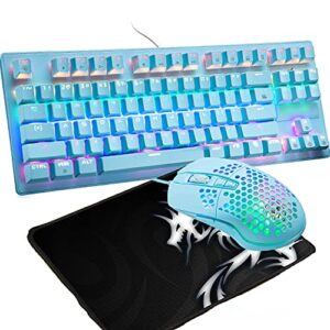 mechanical gaming keyboard, led rgb backlit compact 87 keys mini wired office keyboard with blue switch for windows laptop pc mac - blue