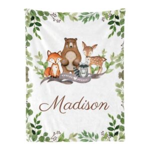 yeshop, woodland forest animals personalized receiving baby blankets for girls boys with name,customized swaddle blankets gift for newborn crib infants 30x40 inches