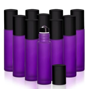 your oil tools 10 pack essential oil roller bottles, 10ml empty purple frosted glass roll-on with leak guard stainless steel roller balls & black caps for oils and perfume