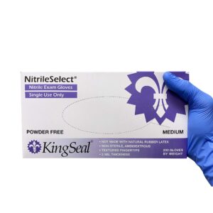 kingseal 200 pack large nitrileselect exam gloves, medical grade, powder free, 3 mil thickness, violet blue - 1 box of 200 gloves by weight (200 count)