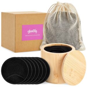 glamlily 16 pack reusable cotton rounds for makeup removal with bamboo holder and mesh storage bag (black)