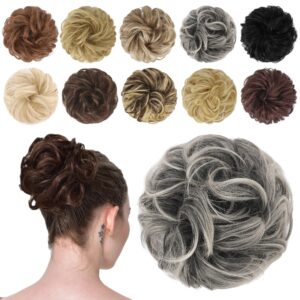 feshfen messy bun hair piece - elastic wavy curly hair bun scrunchies extensions synthetic chignon hairpieces for women girls, gray and white tips 1 pcs