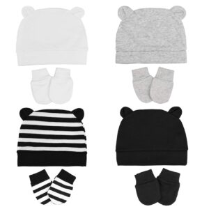 dxhycc 4 sets newborn baby hats and mittens, baby beanie caps hats and scratch mittens for baby boys girls 0-3 months