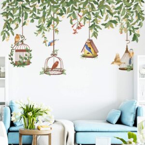 flower vine tree branch wall decals with birdcage, colorful birds green plants wall stickers, flowers flying bird diy art murals for bedroom living room kids rooms nursery wall décor