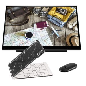 hp e14 fhd (1920 x 1080) portable travel monitor bundle with usb type-c, black marble bluetooth folding wireless keyboard, and black pebble m355 bluetooth wireless mouse