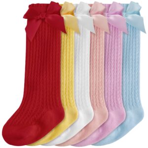 cozyway baby & toddler knee high bow socks, 6 pack for girls, pastel colors, 0-9 months old