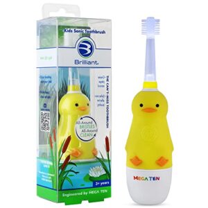 brilliant kids sonic electric toothbrush characters with flashing lights and fine bristles - fun brushing for parent and child, ages 3-8, duck