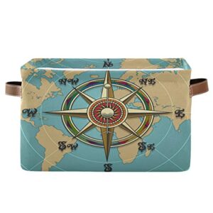 storage basket bins classic vintage compass world map large storage boxes cubes collapsible organizer with handles, foldable toys laundry hamper for closet shelf nursery, 1 pcs