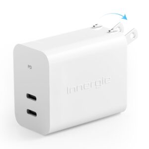 innergie c6 duo 63w usb c charger, 2-port foldable wall charger charging block qc 4.0 pd 3.0 pps 25w super fast charging for galaxy iphone 16 pro max ipad air mini macbook phone laptop power adapter