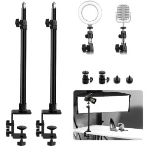 obeamiu 2 pack c clamp desk mount light stand with 1/4" ball head and hot shoe mount adapter, 15.5-25.5 inch adjustable tabletop bracket stand for dslr camera, ring light, video monitor, microphone