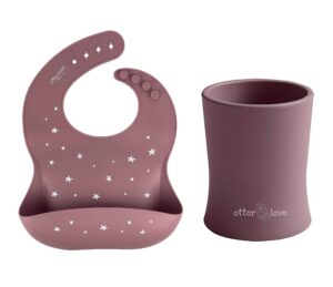 otterlove natural grip silicone cup and waterproof silicone bib - woodchuck stars bundle