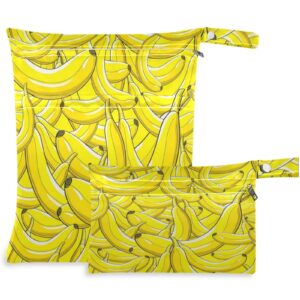 visesunny yellow banana 2pcs wet bag with zippered pockets washable reusable roomy for travel,beach,pool,daycare,stroller,diapers,dirty gym clothes, wet swimsuits, toiletries