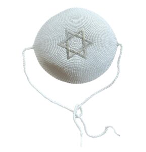 romy & rosie crochet brit milah yarmulke/kippah with ties/baby size 4.5 inch 11.5cm (white with silver)