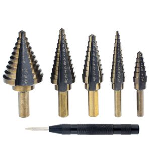 5pcs step drill bit set with a automatic center punch including 50 sizes hole choices