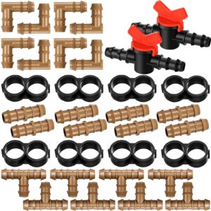 34 pieces drip irrigation fitting kit 1/2 inch tubing set, 2 switch, 8 tee, 8 coupling, 8 elbow and 8 end cap plastic plug, drip irrigation barbed connector for compatible drip or sprinkler system