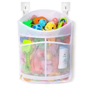 ligereza mesh bath toy organizer, various hanging ways, large capacity large opening, ykk zipper, 4 super hooks, with two compartment pockets, baby bathtub toy storage bag (large white)